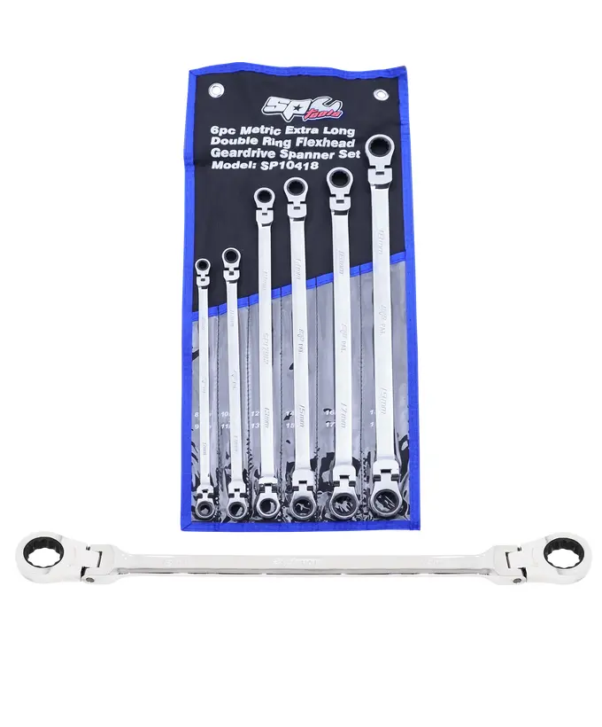 SP TOOLS Flex Head Double Gear Drive Ring Spanner Set - Extra Long ...